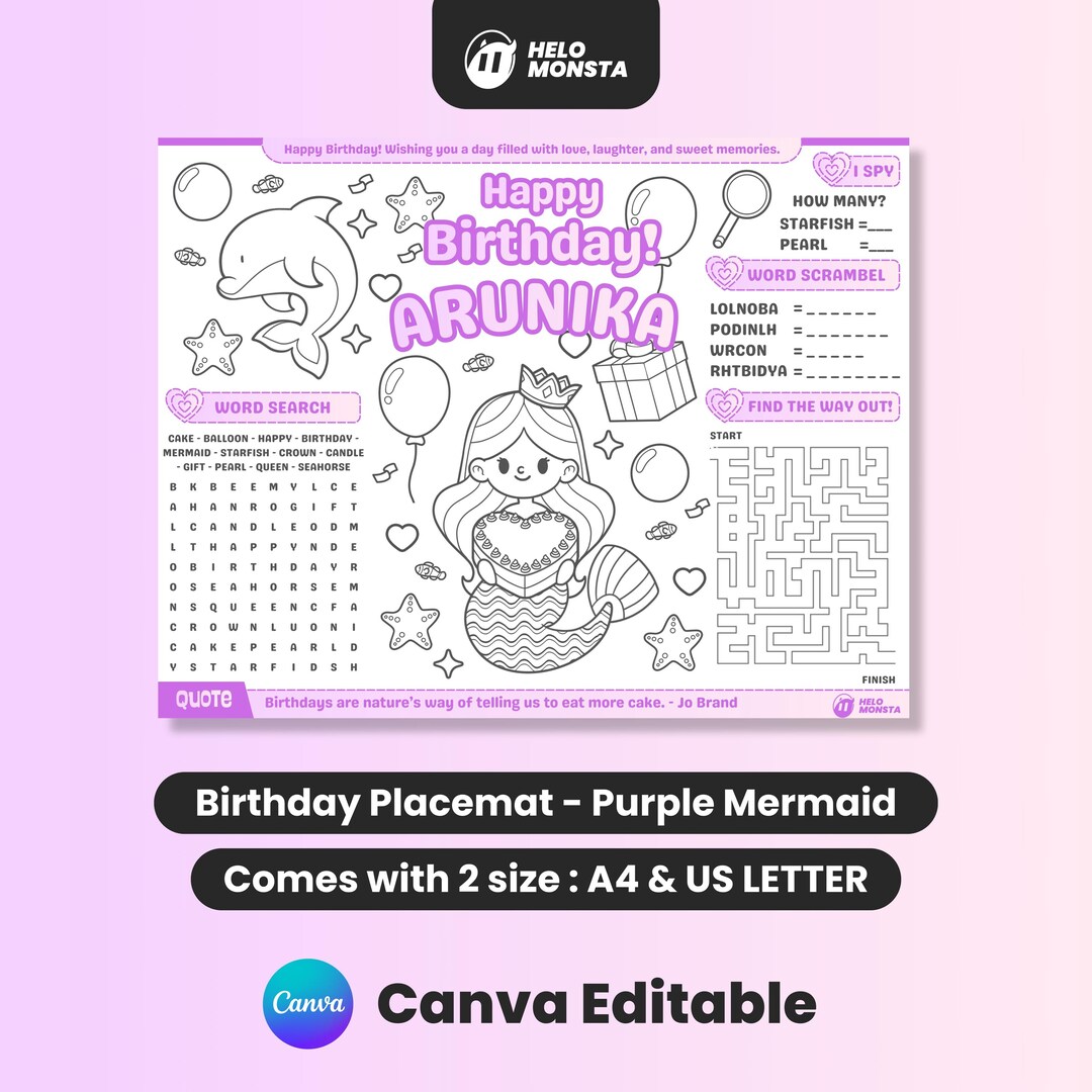 Editable Birthday Coloring Placemat Purple Mermaid | Printable Sea Page ...