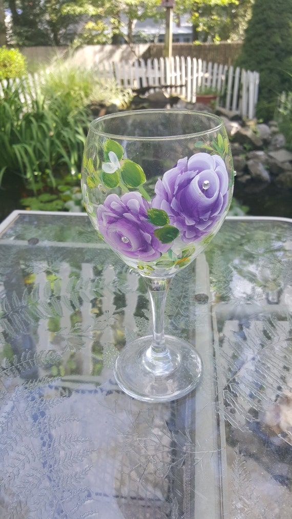 Items similar to Hand Painted Wine Glass - 2 Purple Roses, Rose Buds ...