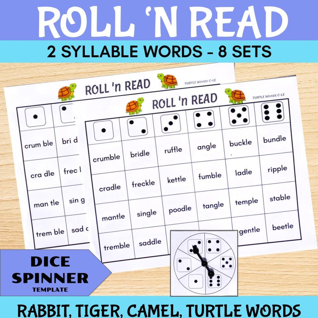 ROLL 'N READ Game ~ 2 Syllable Words - Etsy