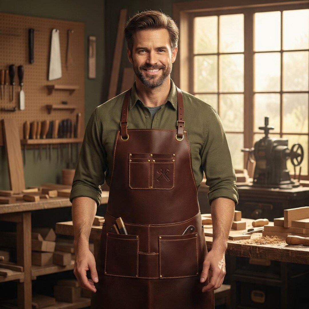 Men's Brown BBQ Chef Apron, Full Grain Barber, Barista, Woodworking ...