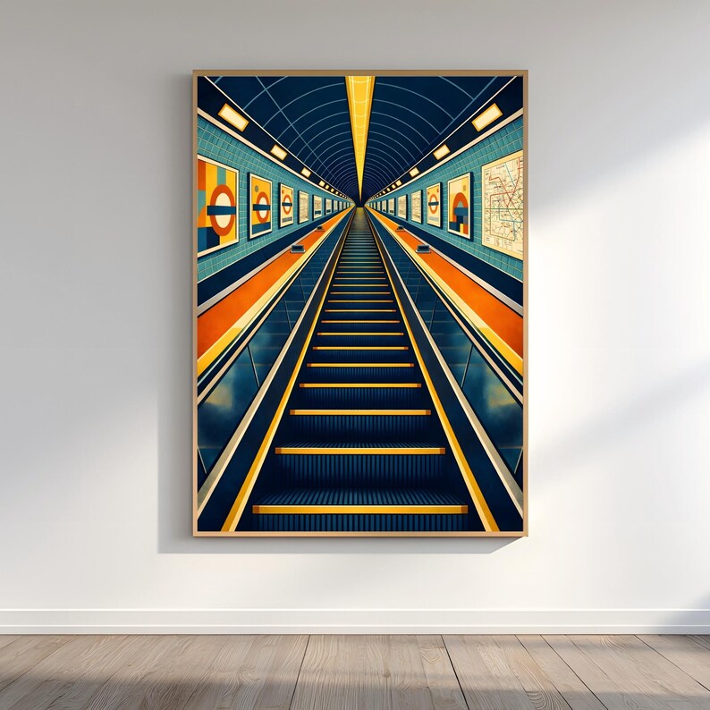 London Underground Escalator Print, Tube Station Wall Art, Graphic ...