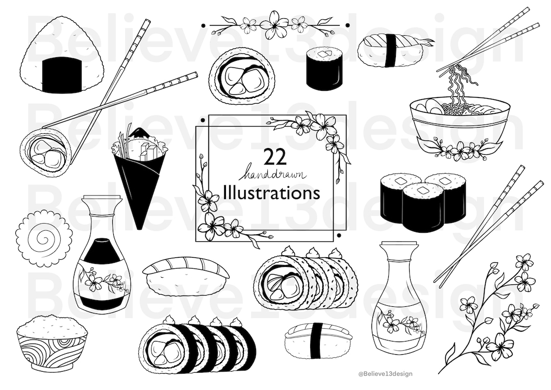 Hand-drawn Sushi Symbols Cherry Blossom SVG PNG, Japanese Wedding ...