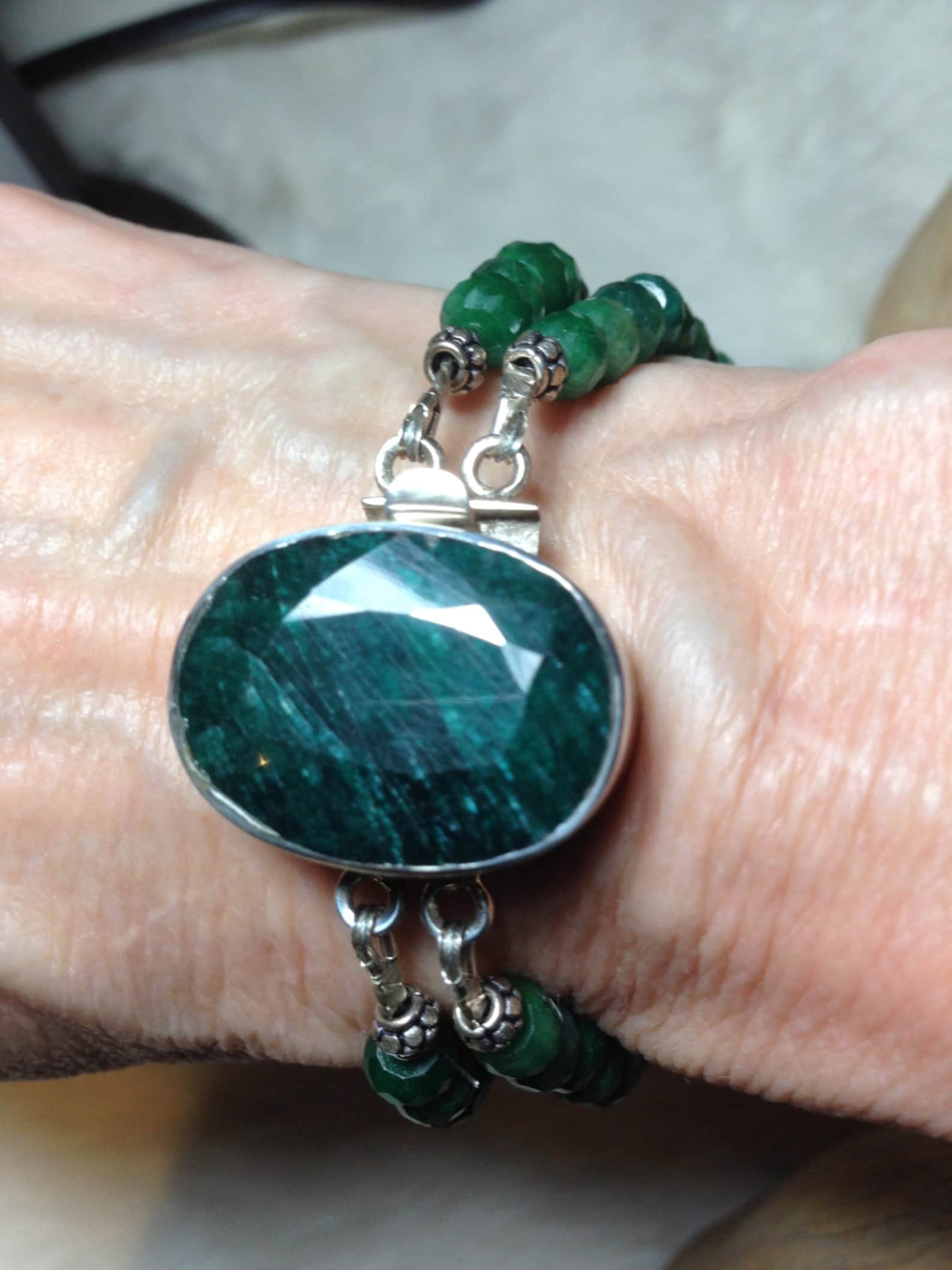 Beaded Green Emerald Quartz Bracelet Set in Sterling Silver, Christmas ...
