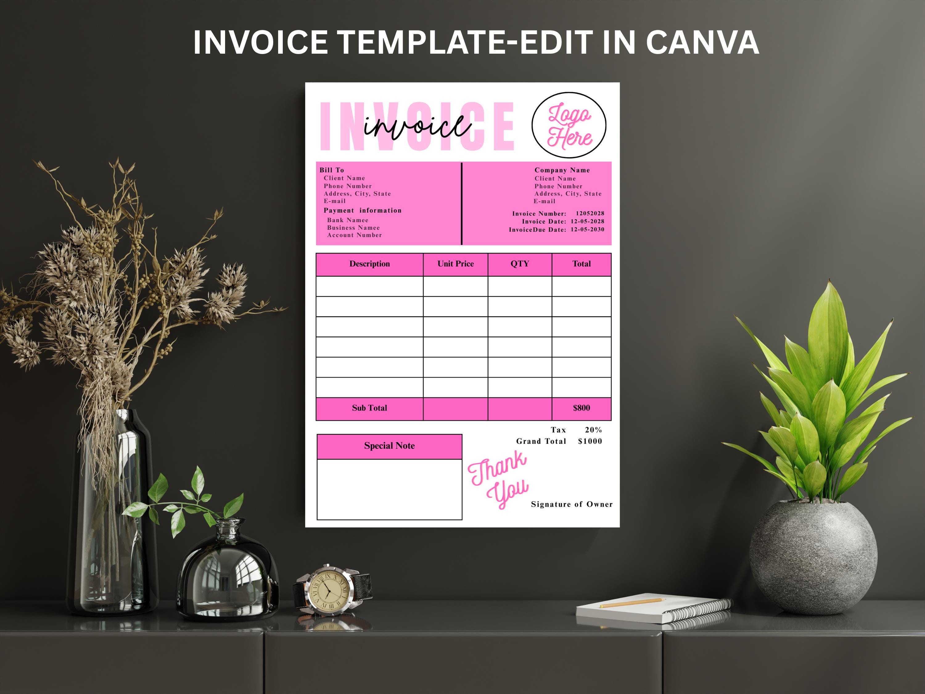 Pink Invoice Template, Invoice Template,editable Small Business Canva ...