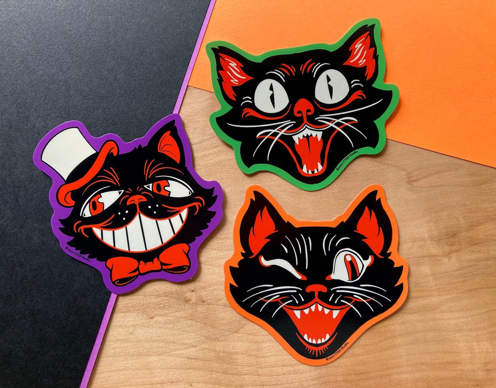 VS031 Halloween Retro Black Cat Face Stickers / Vintage Spooky - Etsy