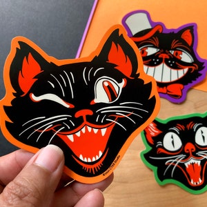 VS031 Halloween Retro Black Cat Face Stickers / Vintage Spooky Kitsch ...