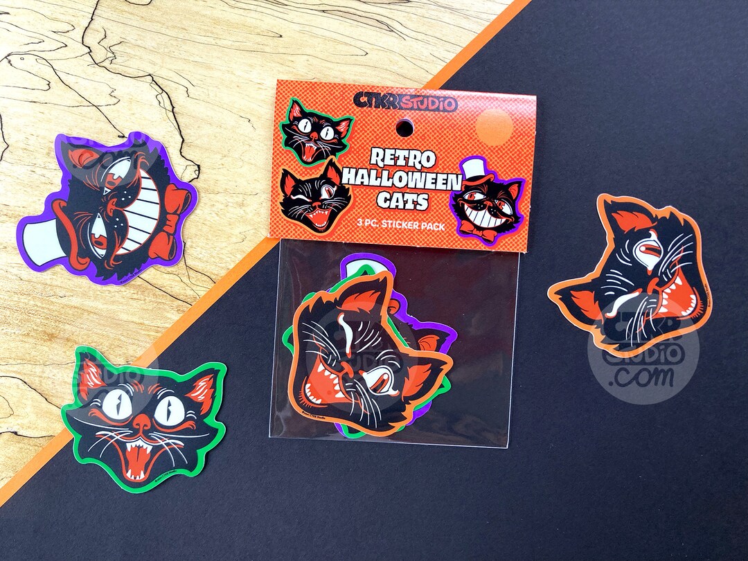 PK006 Retro Halloween Cat Faces Sticker Pack / 3 Sticker Pack / UV ...