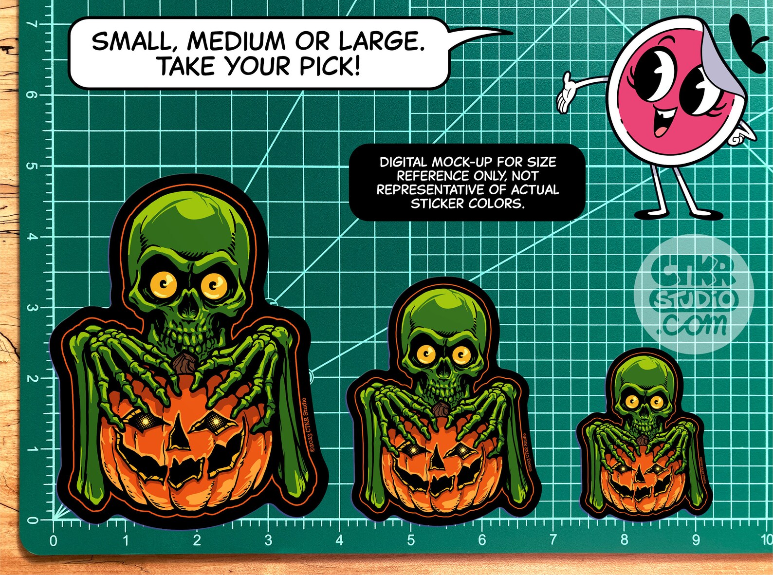 VS165 Spooky Green Skeleton With Pumpkin Vinyl Sticker / Retro ...