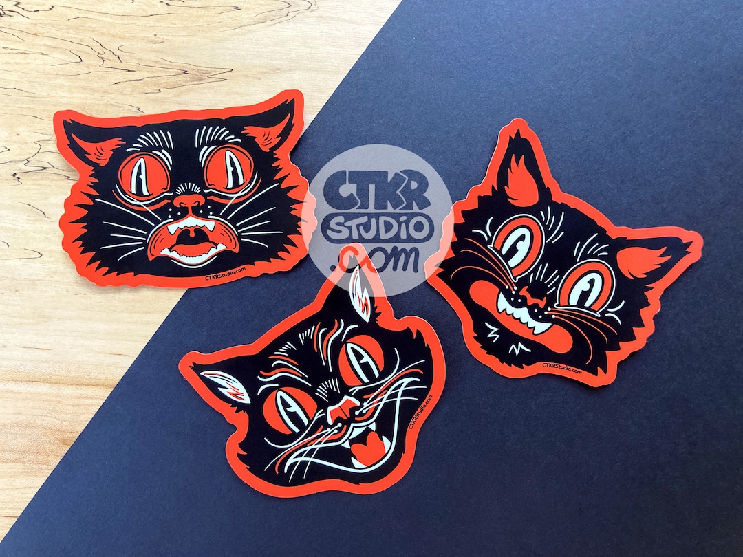 VS114 Vintage Halloween Black Cat Vinyl Stickers / Classic Retro Cat ...