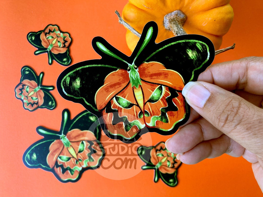 VS169 Halloween Pumpkin Face Moth Vinyl Sticker / Spooky Jack O Lantern ...