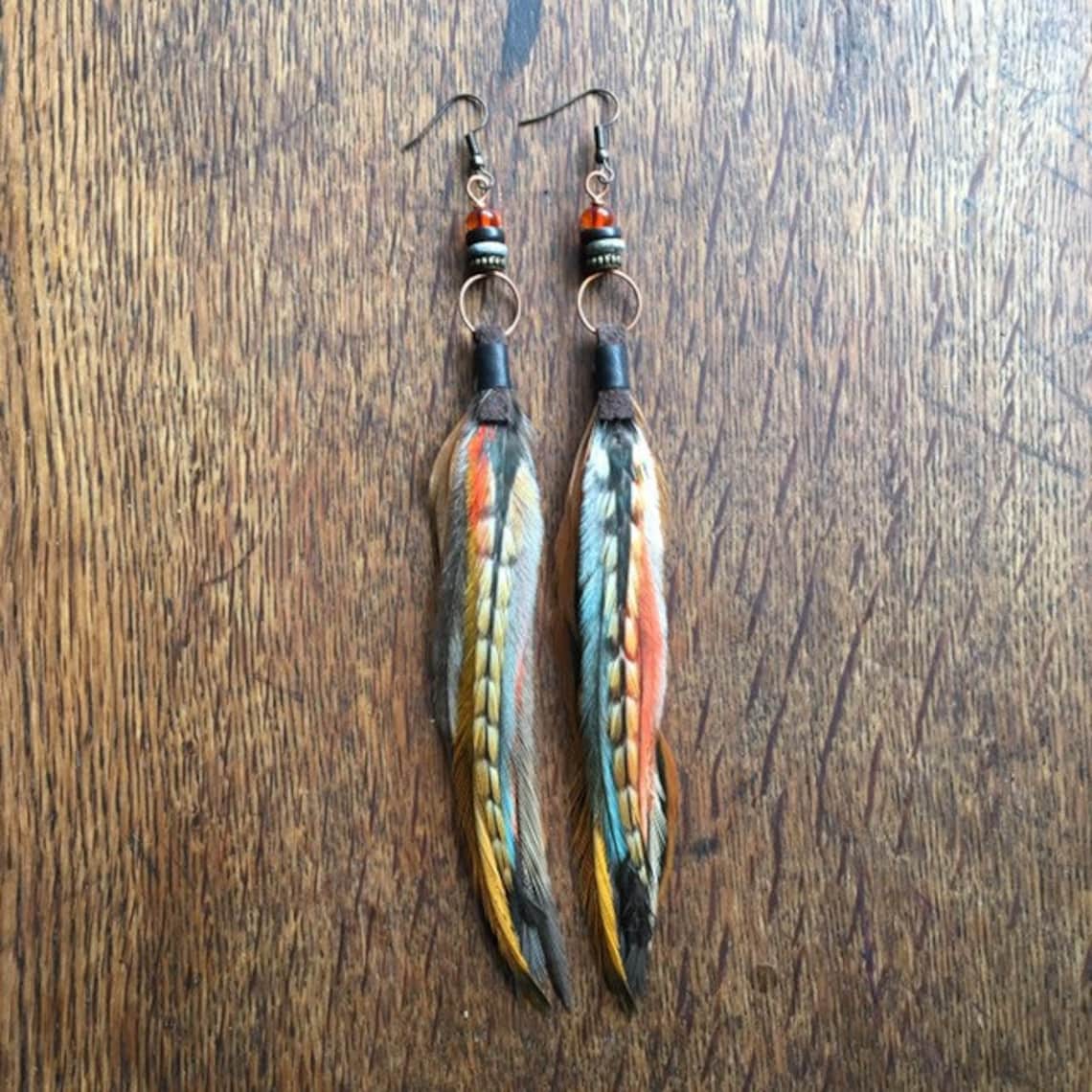 Tribal Feather Earrings Real Feather Earrings Boho Earrings - Etsy