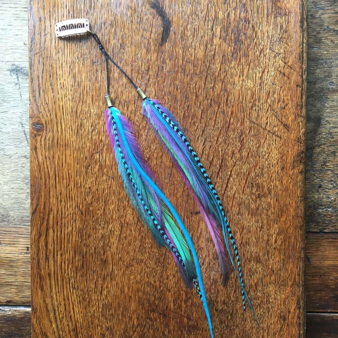 Long Feather Hair Extension Clip: Emu & Rooster Feathers, Boho ...