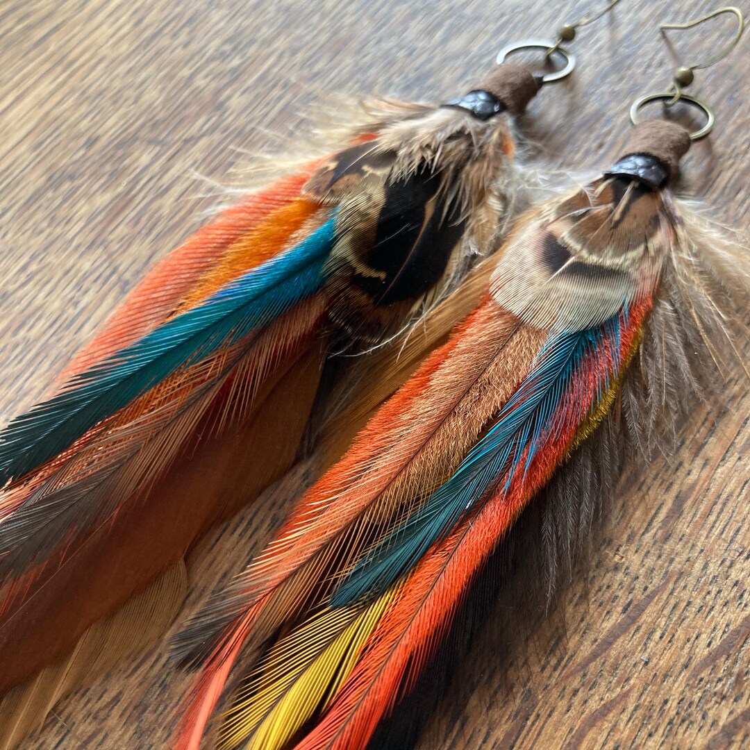 Boho Feather Hoop Earrings: Emu & Pheasant Feather, Bronze Tone - Etsy