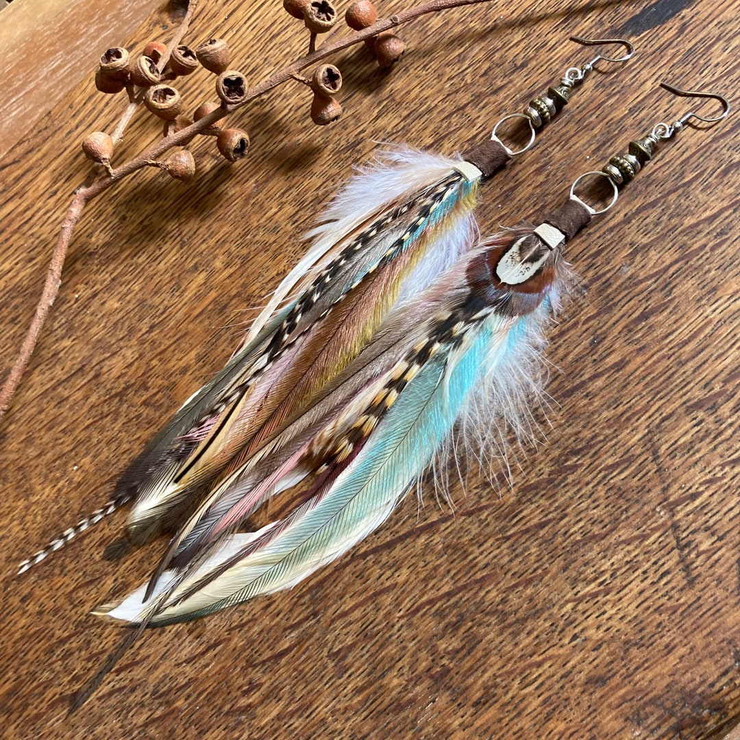 Long Feather Earrings, Real Feather Earrings, Beaded Earrings, Boho ...