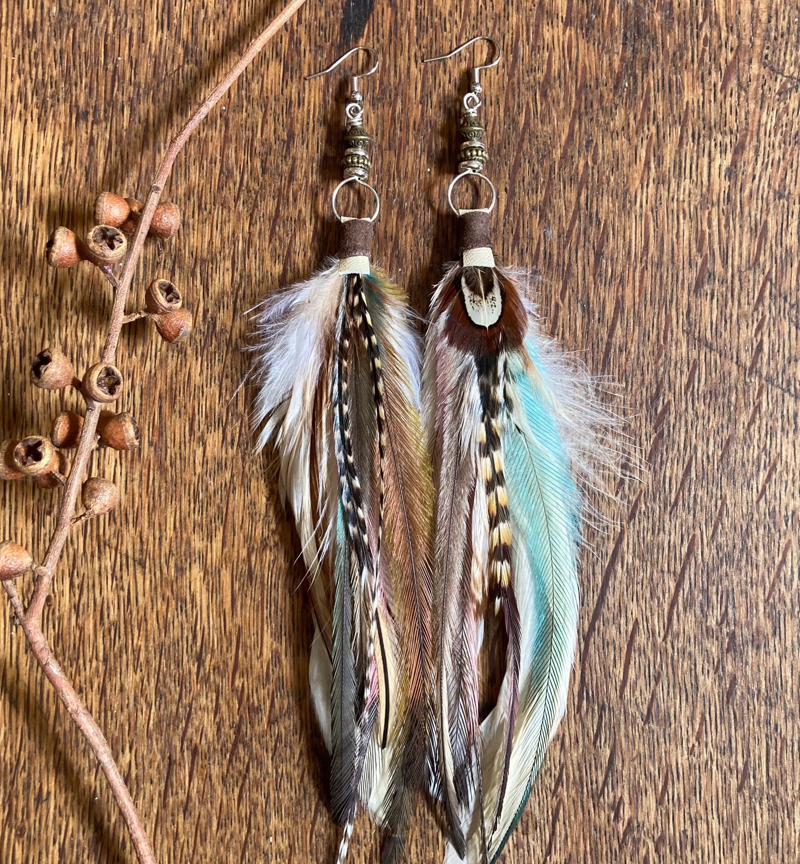 Long Feather Earrings Real Feather Earrings Beaded Earrings - Etsy