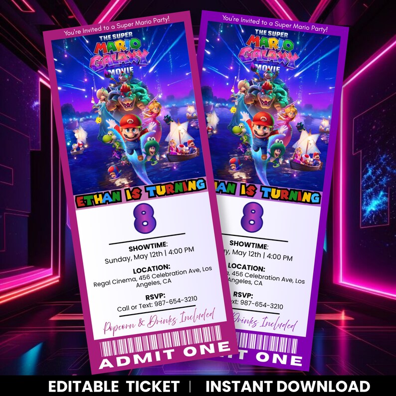 Super Mario Galaxy Movie Ticket Invitation, Editable Galactic Party ...