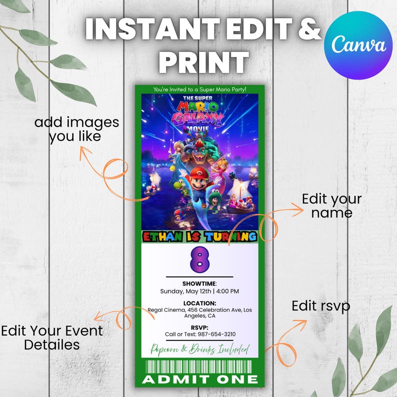 Super Mario Galaxy Movie Ticket Invitation, Editable Galactic Party ...