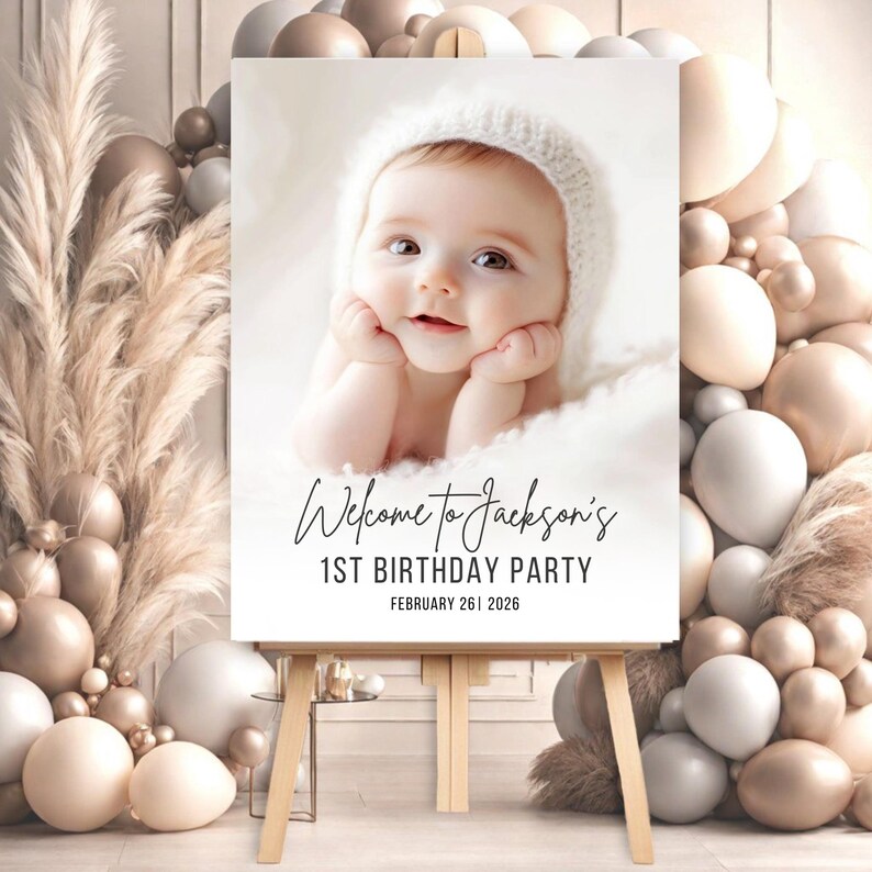 1st Birthday Welcome Sign Template, Editable Canva Baby Photo Poster ...