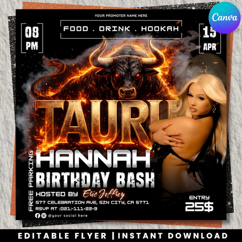 Editable Taurus Birthday Bash Flyer, Customizable Party Invitation ...