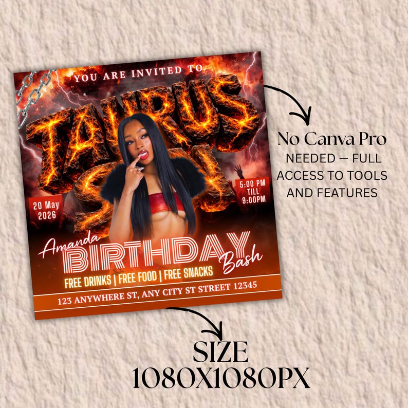Editable Taurus Birthday Bash Flyer, Taurus Party Invitation ...
