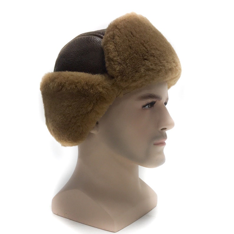 Sheepskin Trapper Ushanka Aviator Russian Fur Hat Unisex PEACH BROWN ...