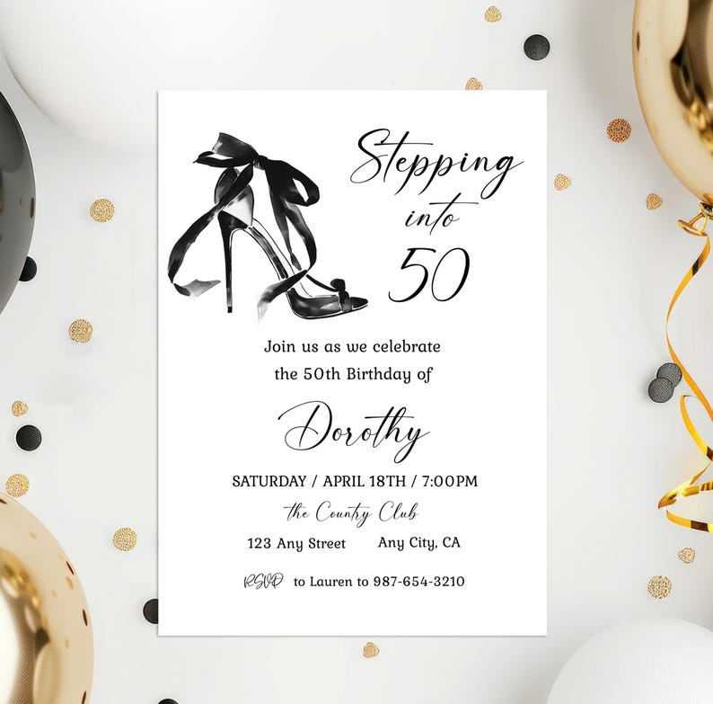 50th Birthday Invitation Editable Black Bow Minimalist Stepping Fifty ...