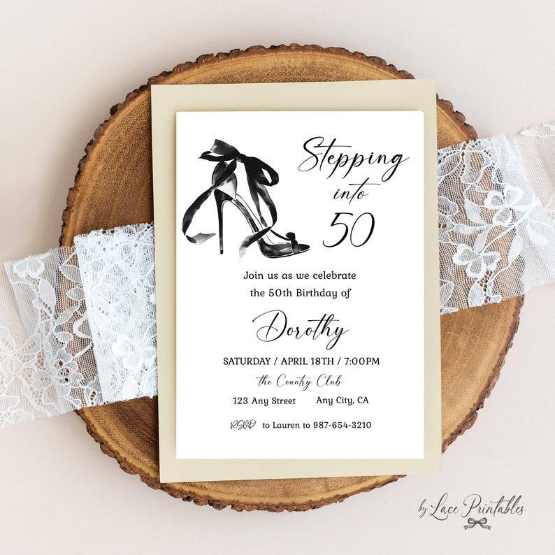 50th Birthday Invitation Editable Black Bow Minimalist Stepping Fifty ...