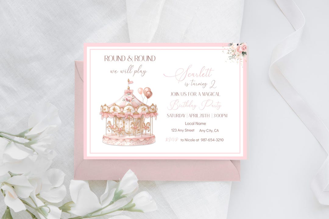 Pink Carousel Birthday Invitation Editable Merry Go Round Birthday ...
