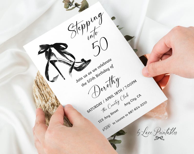 50th Birthday Invitation Editable Black Bow Minimalist Stepping Fifty ...