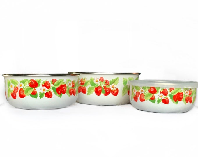 Set of 3 Vintage Kobe Kitchen Strawberry Bowls Enamelware Nesting Bowls ...