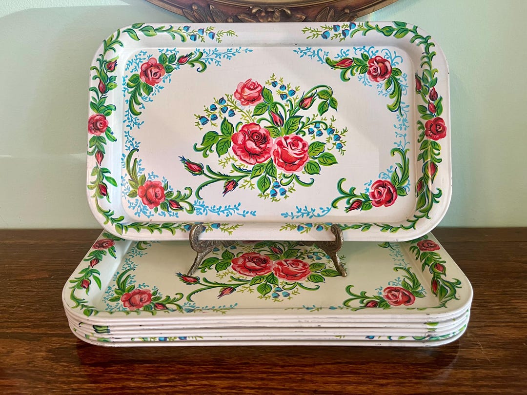 Set of 4 -vintage 1950s Small Enamel Tin Trays With Rose & Blue Bell ...