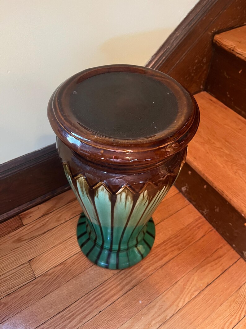 Antique Weller Green & Brown Majolica Jardiniere Pedestal Plant Stand ...