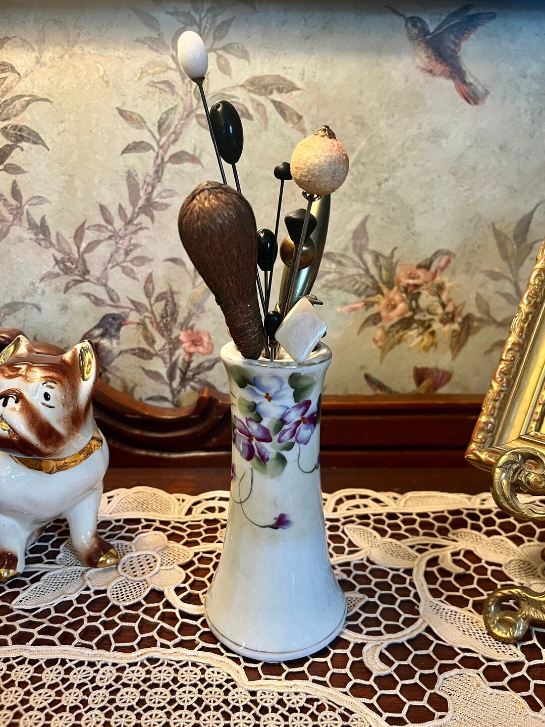 Antique Porcelain Hat Pin Holder With 15 Victorian or Edwardian Hatpins ...