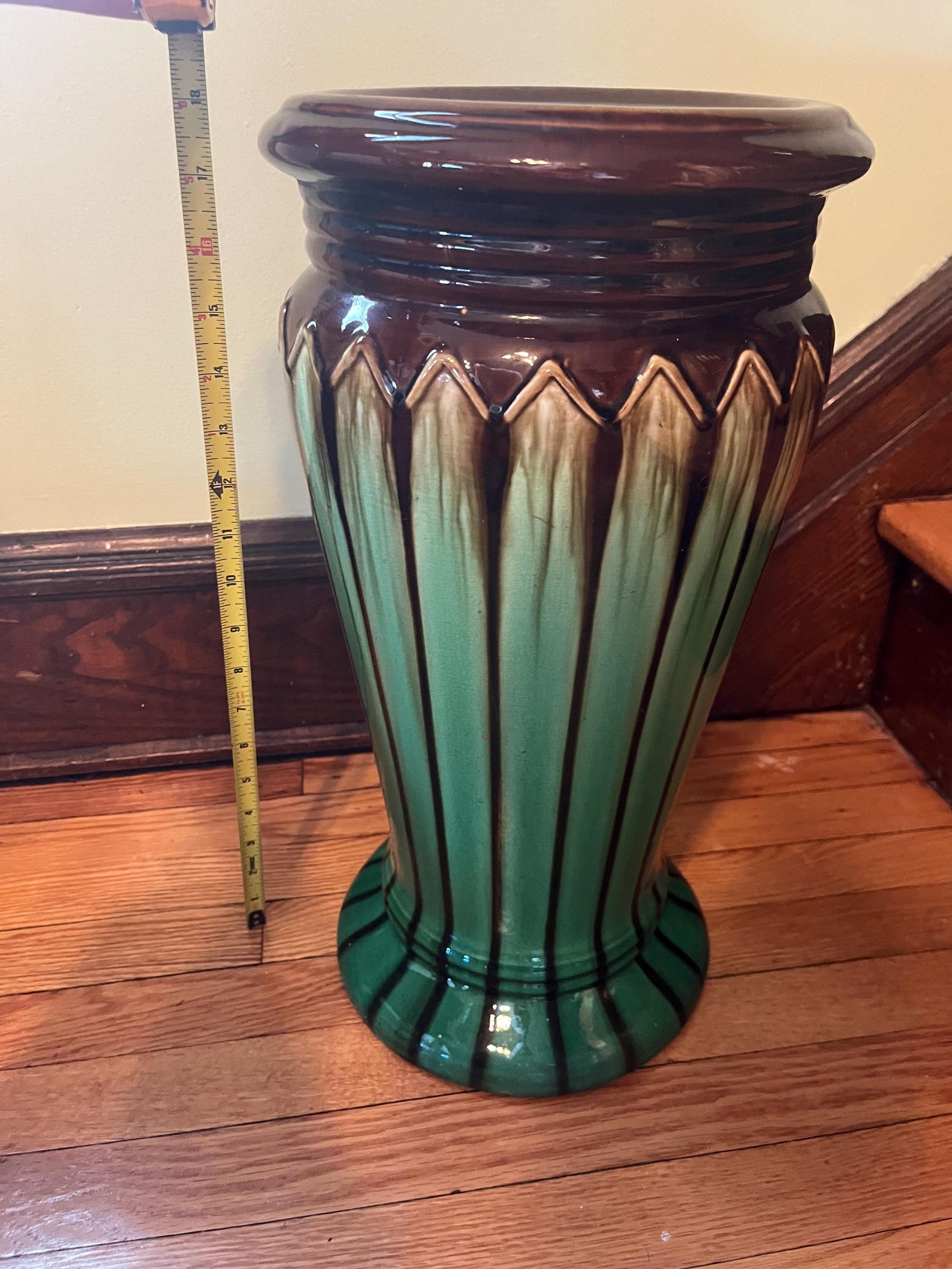 Antique Weller Green & Brown Majolica Jardiniere Pedestal Plant Stand ...