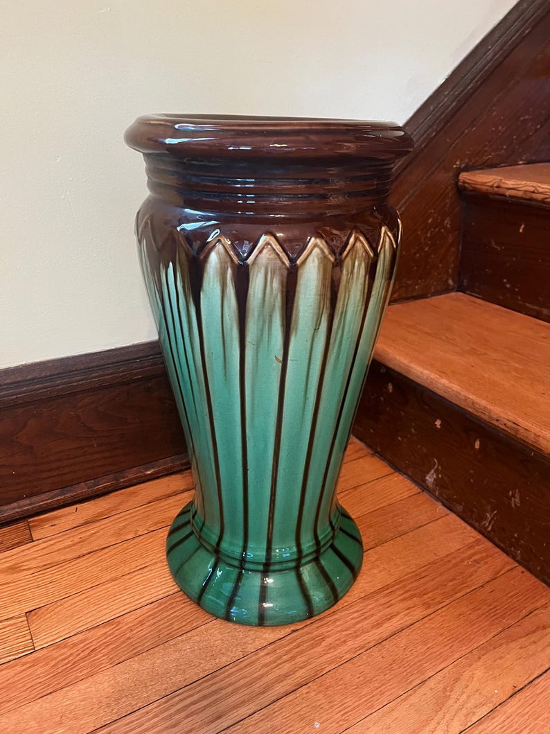 Antique Weller Green & Brown Majolica Jardiniere Pedestal Plant Stand ...