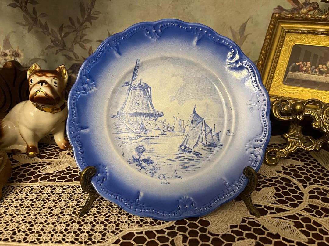 Antique Cornflower Blue & White Delph Plate: Windmill and Harbor Ship ...