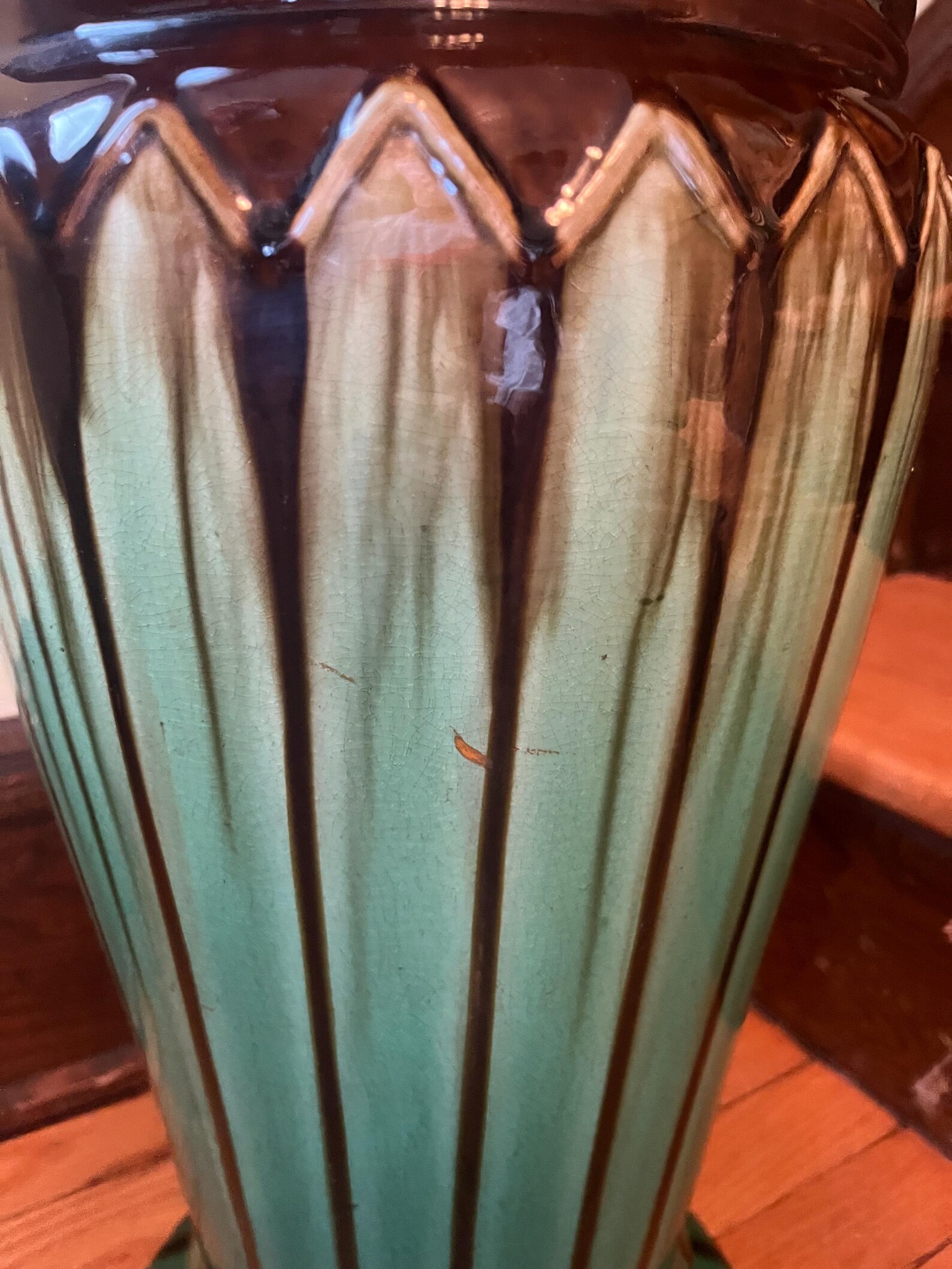 Antique Weller Green & Brown Majolica Jardiniere Pedestal Plant Stand ...