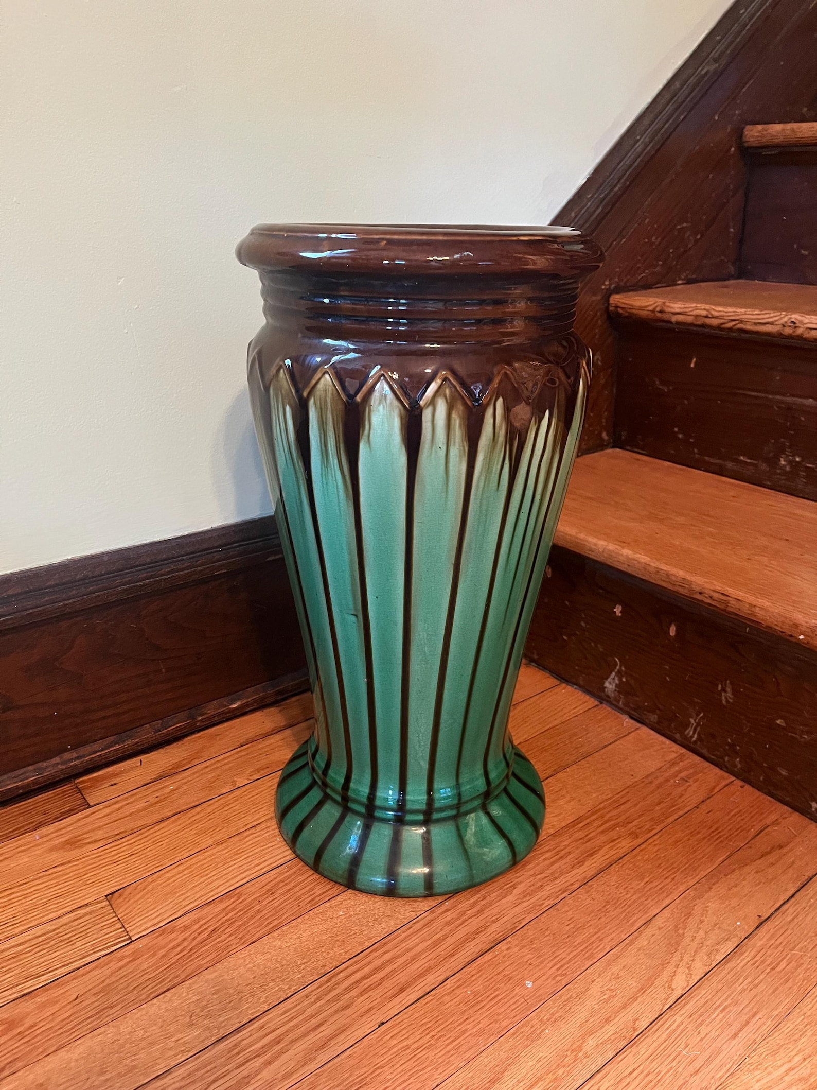 Antique Weller Green & Brown Majolica Jardiniere Pedestal Plant Stand ...