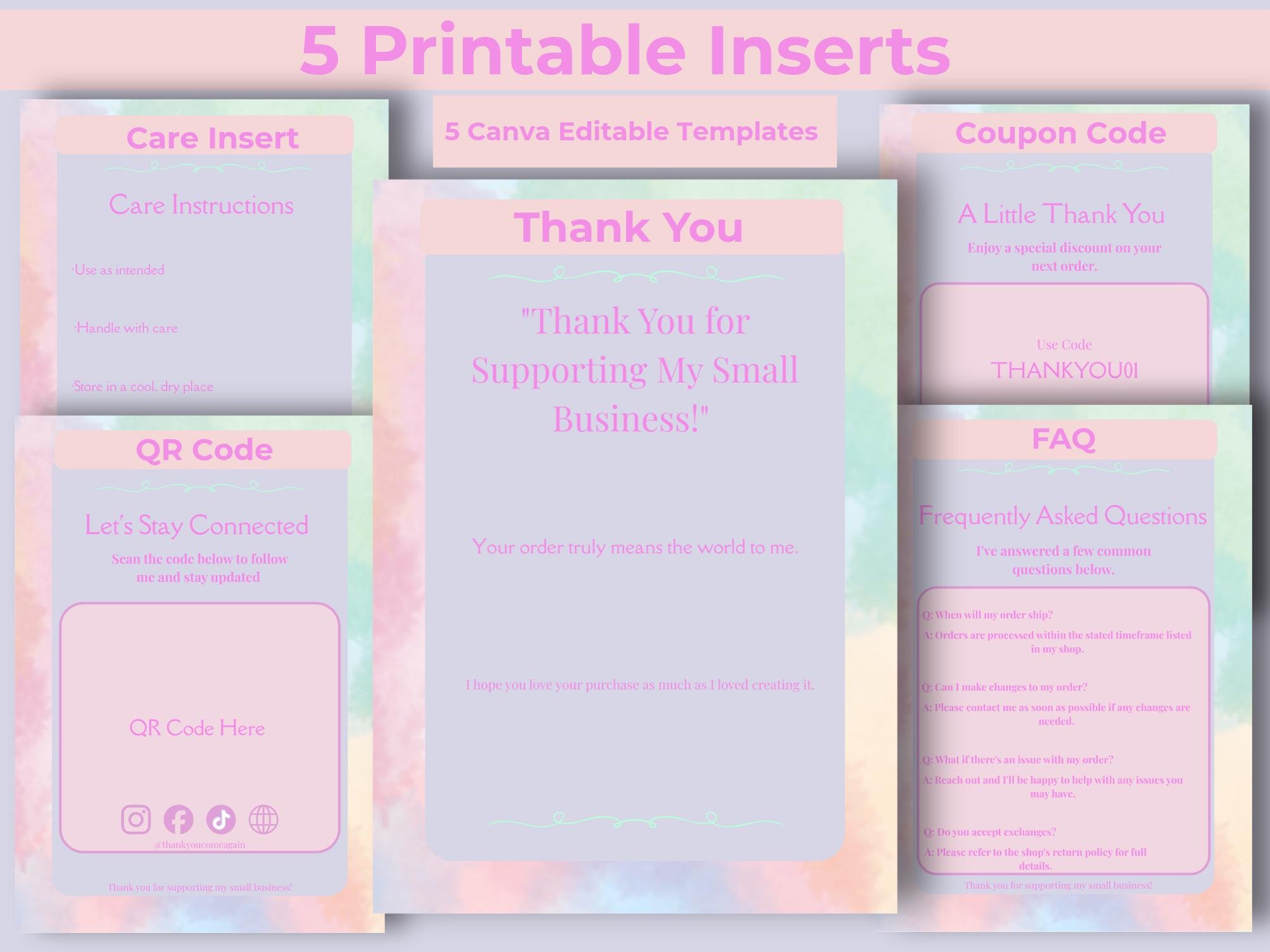 Small Business Insert Card Templates, Pastel Watercolor, Editable Canva ...