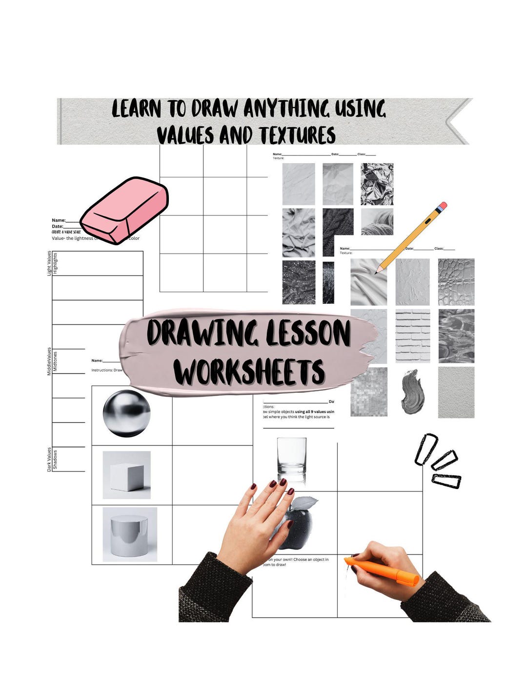 Drawing Lesson Worksheet - Learn Shading & Textures (printable PDF) - Etsy