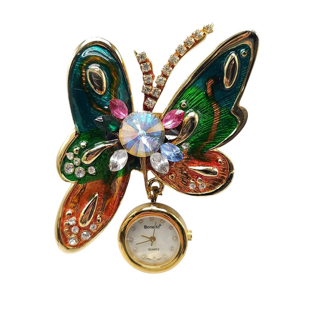 Vintage Bonetto Butterfly Brooch Pin With Quartz Watch Rhinestones ...