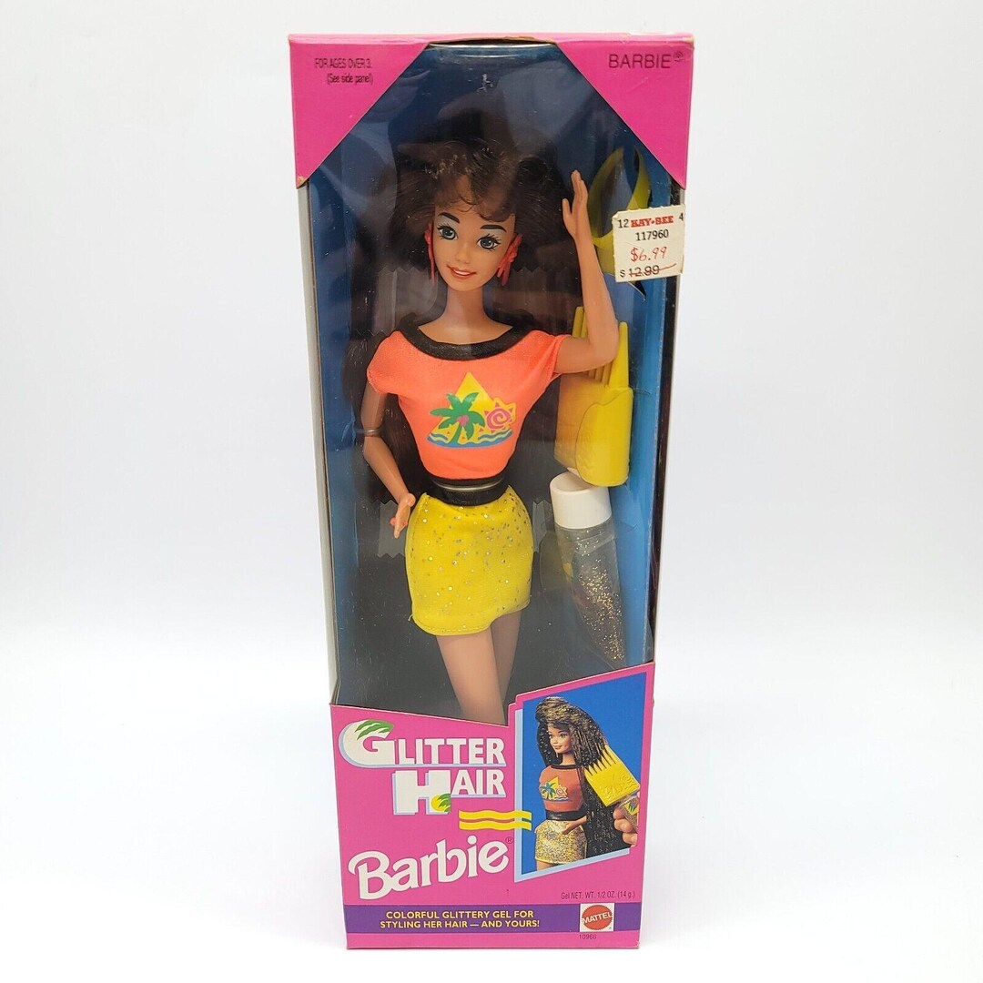 New 1993 GLITTER HAIR Barbie Doll Tan Brunette Green Eyes Mattel 10966 ...