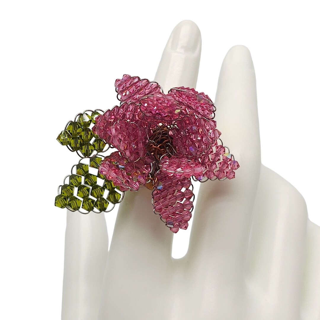 MINDY LAM Pink Green Glass Beaded Flower HTF Retired Ring Size 5 - Etsy