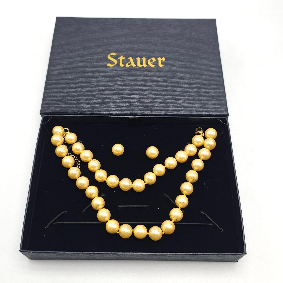 Stauer Golden Pacific Gold Tone Pearl Necklace Bracelet Earring Set ...