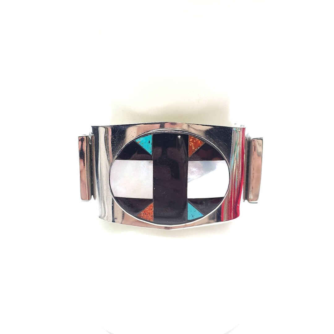 Native Zuni Geometric Inlay Onyx Coral Turquoise Vintage Sterling Cuff ...