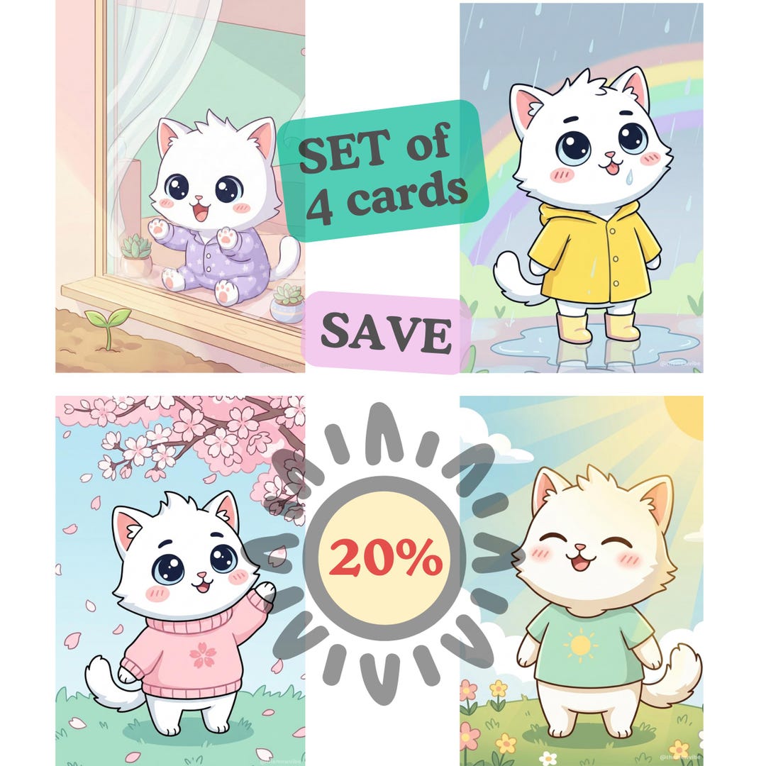 Kawaii Cat Spring Card Set Printable, Set of 4 Spring Cards, Cute Cat ...