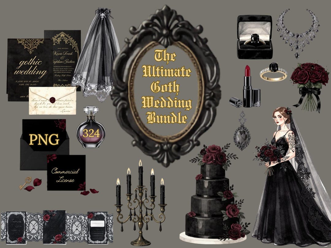 Goth Wedding Clipart Bundle, Dark Romance Bridal Graphics, Black ...