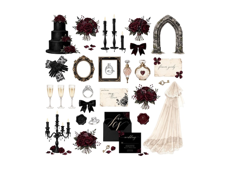 Goth Wedding Clipart Bundle, Dark Romance Bridal Graphics, Black ...