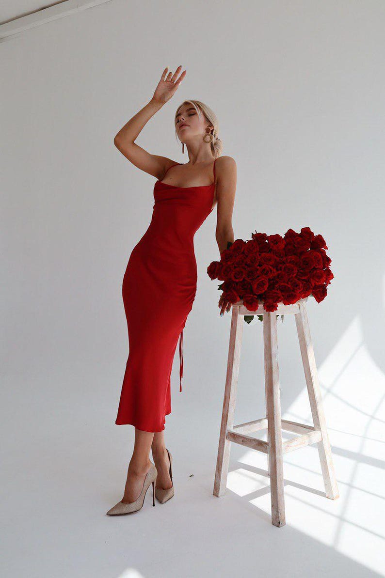 Red Silk Slip Midi Dress With Crisscross Tied Back, Strappy Open Back ...