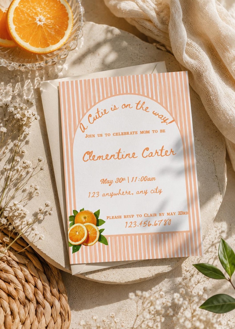 Citrus Baby Shower Invitation Template, Orange Theme, A Little Cutie is ...